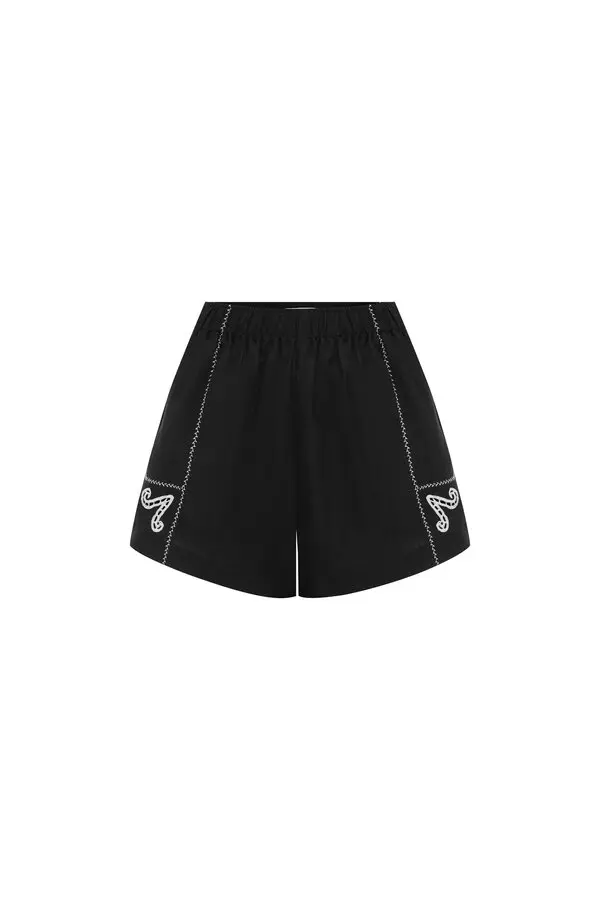 ROWIE Aries Linen Embroidered Shorts - Noir