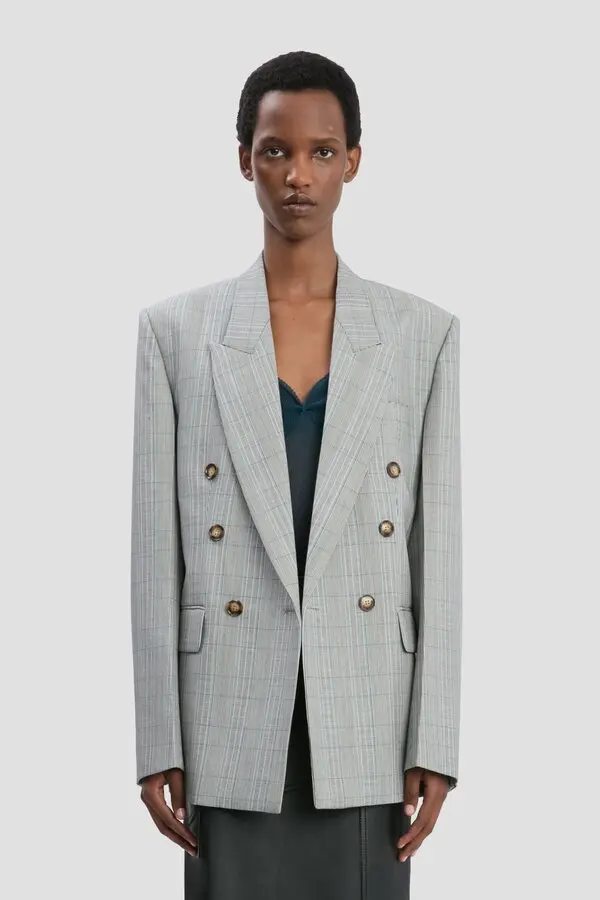 Victoria Beckham Wool Double Breasted Tailored Jacket - Blue-grey Check