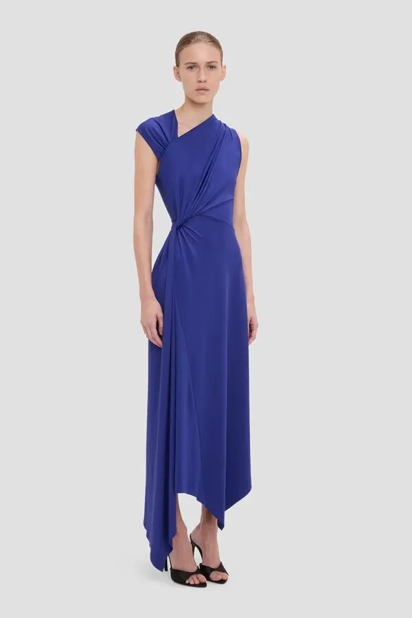 Victoria Beckham Asymmetric Neckline Cap Sleeve Midi Dress - Bright Indigo