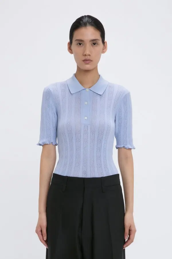 Victoria Beckham Frill Polo Top - Cloud Blue