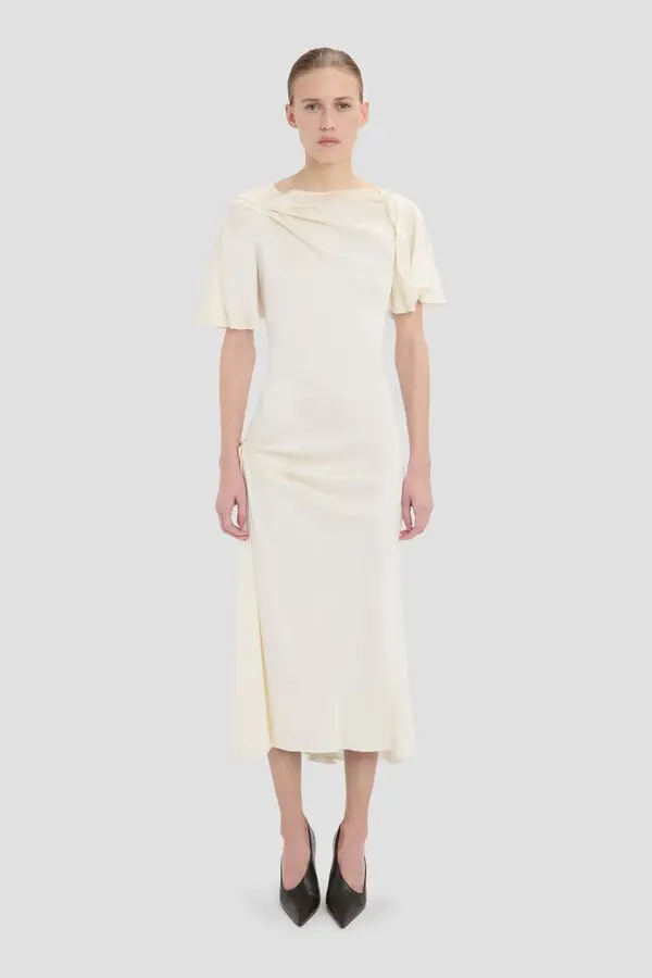 Victoria Beckham Cap Sleeve Asymmetrical Midi Dress - Ivory