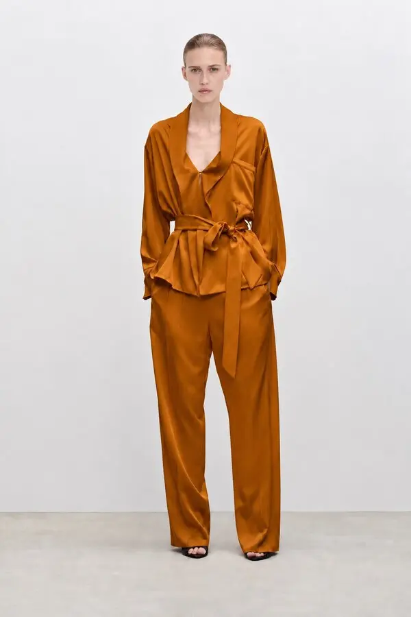 Victoria Beckham Cecilia Wide Leg Trousers Abstract Earth Beige - Bronze