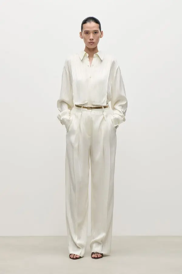 Victoria Beckham Cecilia Wide Leg Trousers Abstract Earth Beige - Ivory
