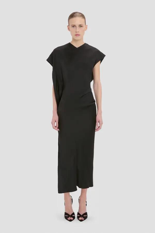 Victoria Beckham Midi Dress With Thumb Holes And Asymmetric Hem - Black