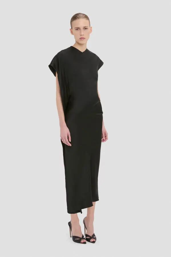 Victoria Beckham Midi Dress With Thumb Holes And Asymmetric Hem - Black