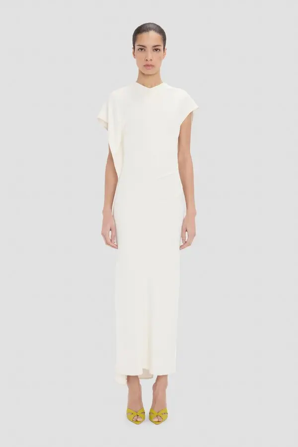 Victoria Beckham Midi Dress With Thumb Holes And Asymmetric Hem - Ivory