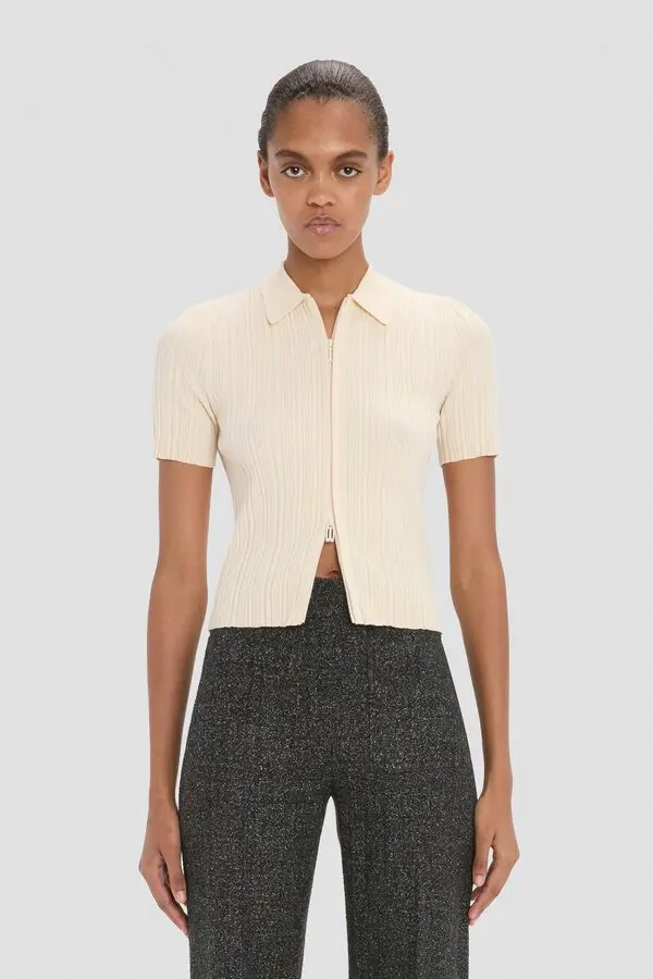 Victoria Beckham Ribbed Knit Zip Polo Top - Beige