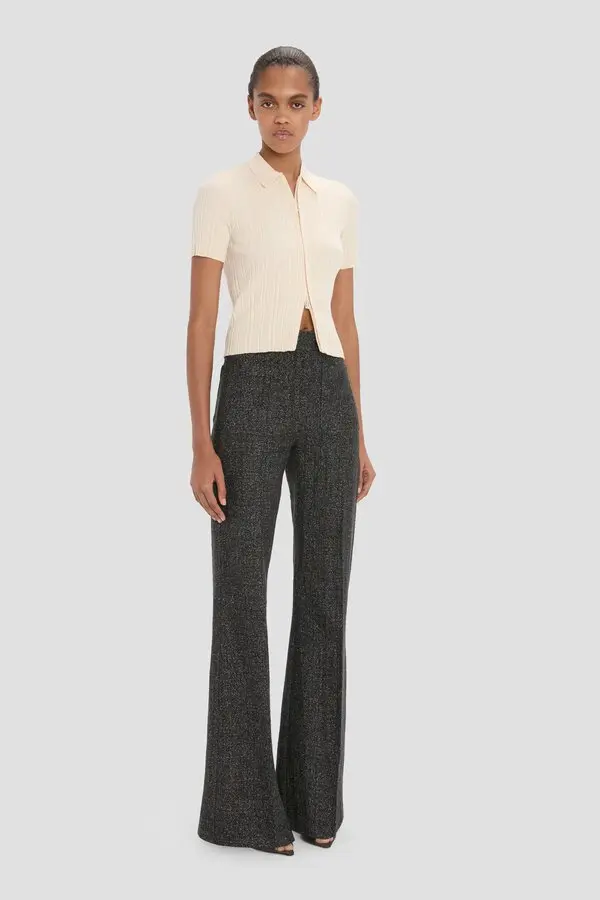 Victoria Beckham Ribbed Knit Zip-up Polo Top - Elderflower