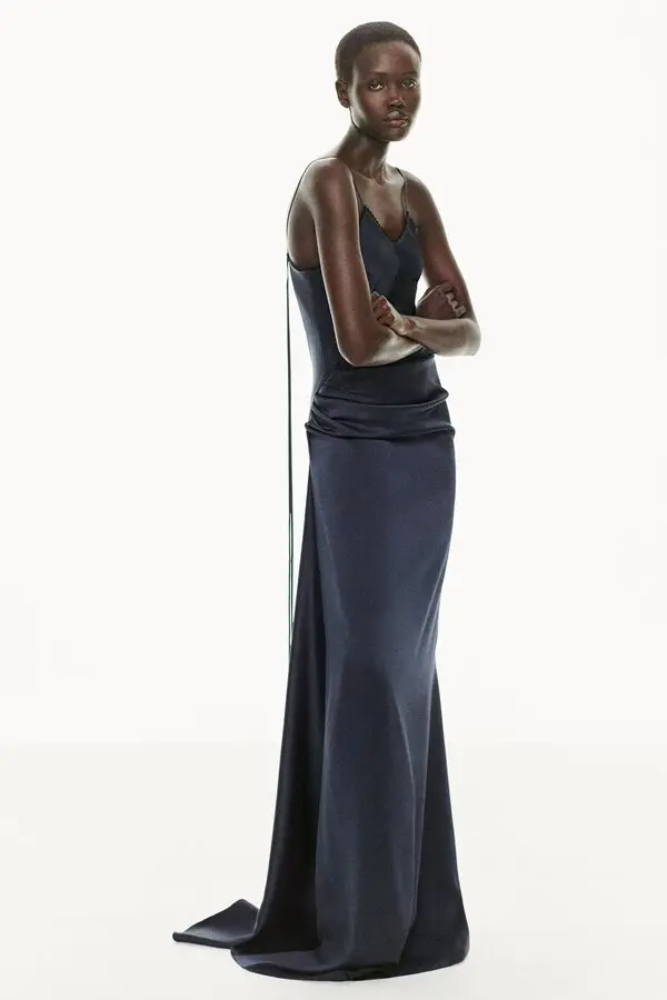 Victoria Beckham Draped Lace Trim Gown