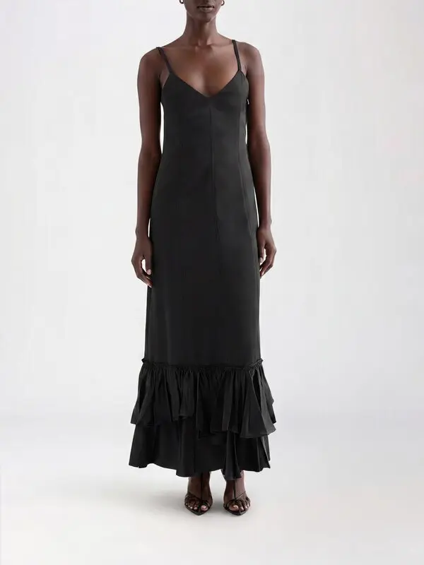 JIL SANDER Long Silk Blend Dress With V-neck And Ruffled Hem - Black
