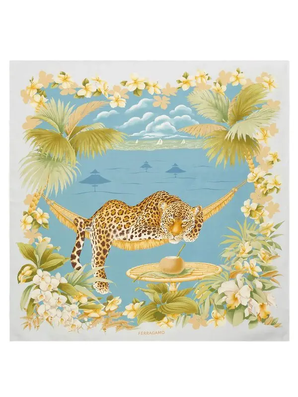 FERRAGAMO Silk Scarf Jungle Print - Blue