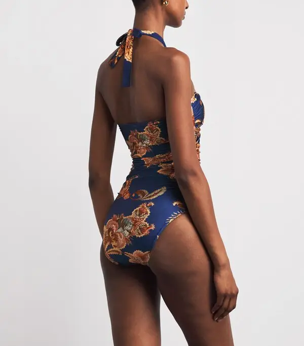 Zimmermann Floral Aster Halterneck One Piece Swimsuit - Navy