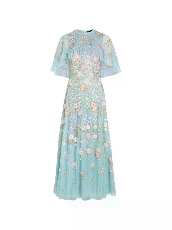 NEEDLE & THREAD Floral Embroidered Ruffled Maxi Gown - Blue