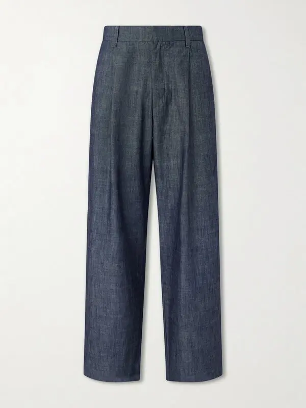 Nn07 Kay 10056 Straight-leg Pleated Organic Cotton-chambray Trousers - Blue