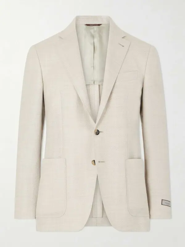 Canali Kai Herringbone Wool, Linen And Silk-blend Blazer - Beige