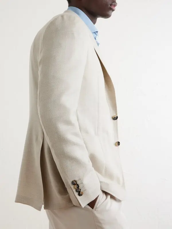 Canali Kai Herringbone Wool, Linen And Silk-blend Blazer - Neutrals