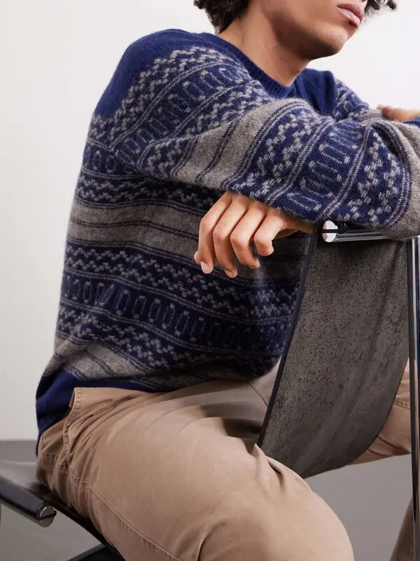 Brunello Cucinelli Fair Isle Brushed-knit Alpaca-blend Crewneck Sweater - Navy