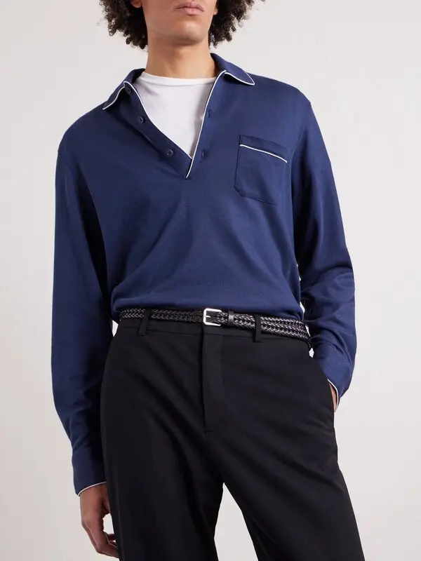 TOM FORD Piped Silk And Cotton-blend Piqué Polo Shirt