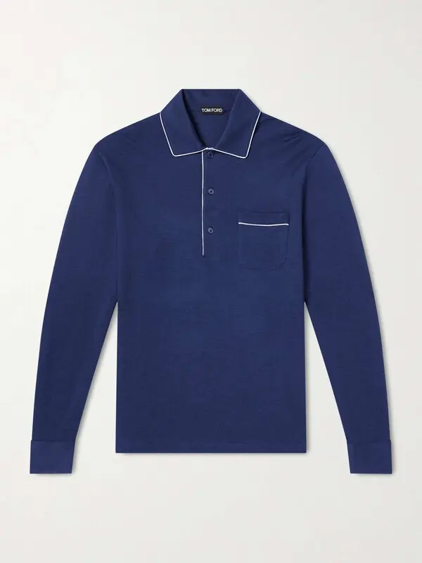 TOM FORD Piped Silk And Cotton-blend Piqué Polo Shirt - Navy