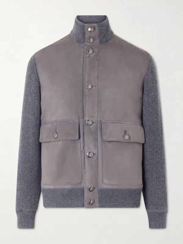 Brunello Cucinelli Suede And Knitted Cashmere Jacket - Gray