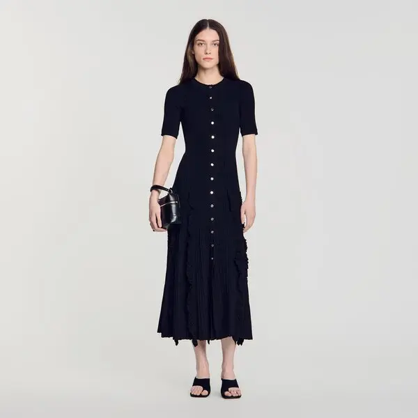 Sandro Knit Maxi Dress With Ruffles