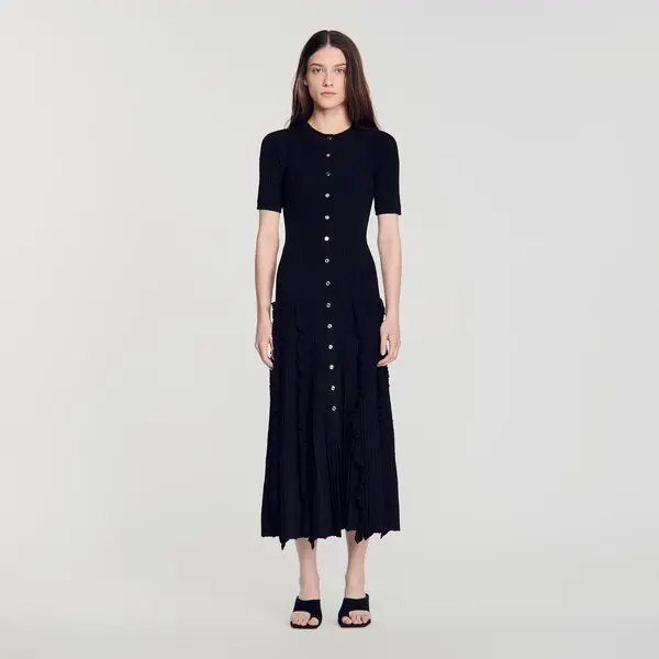 Sandro Knit Maxi Dress With Ruffles
