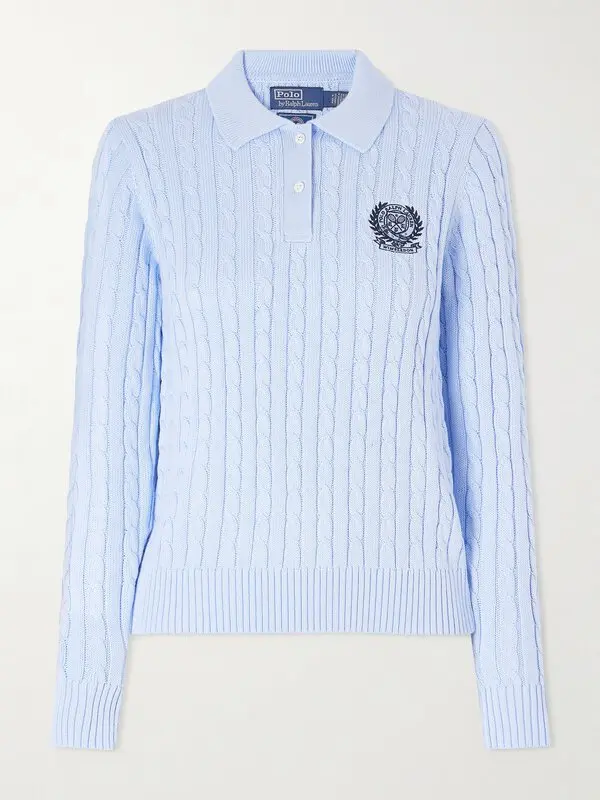 Polo Ralph Lauren Wimbledon Logo-embroidered Cable-knit Cotton Polo Shirt - Blue