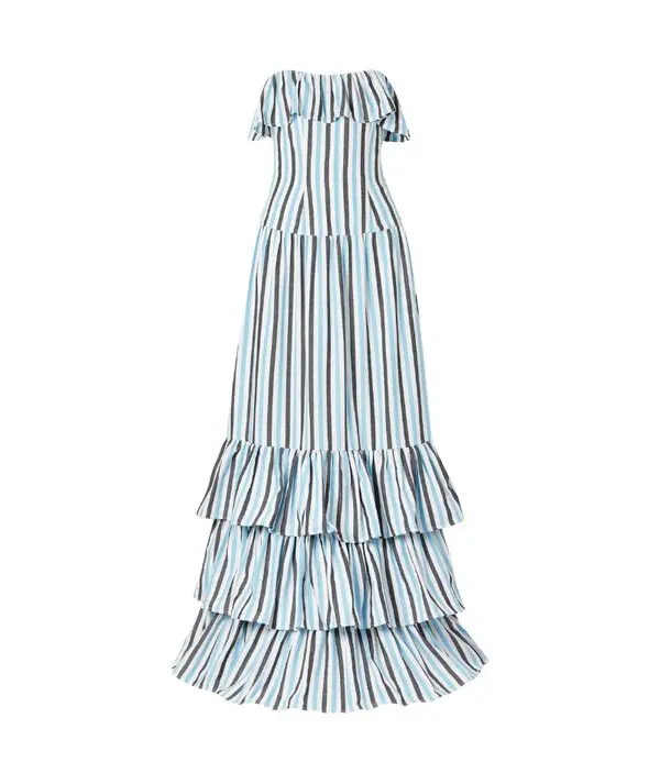 MARRAKSHI LIFE Ruffled Striped Cotton Maxi Dress - Blue