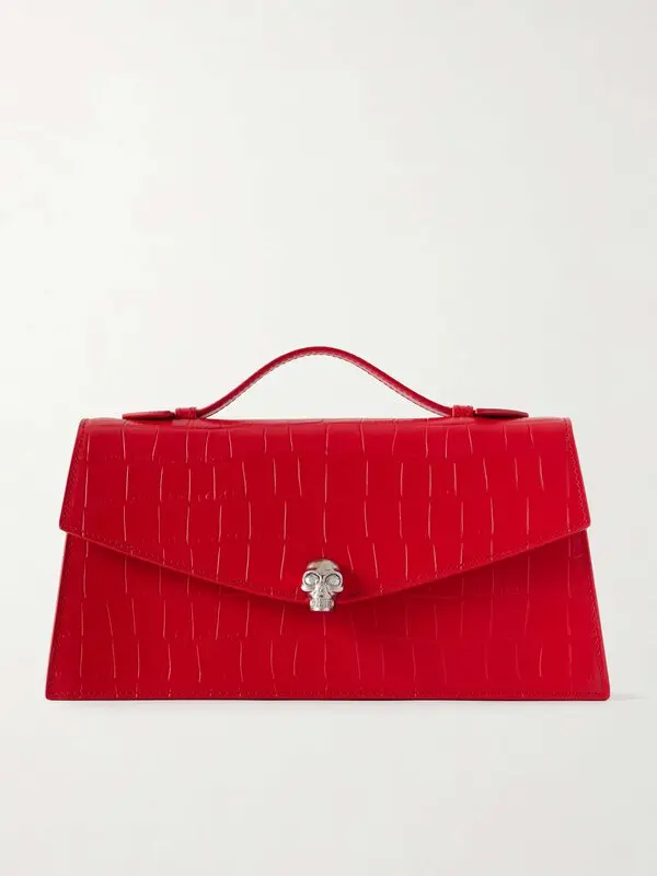 Alexander McQueen Skull Embellished Croc-effect Leather Clutch - Red
