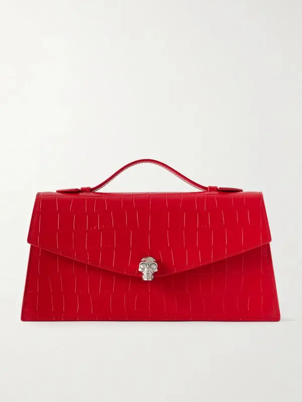 Alexander McQueen Skull Embellished Croc-effect Leather Clutch - Red
