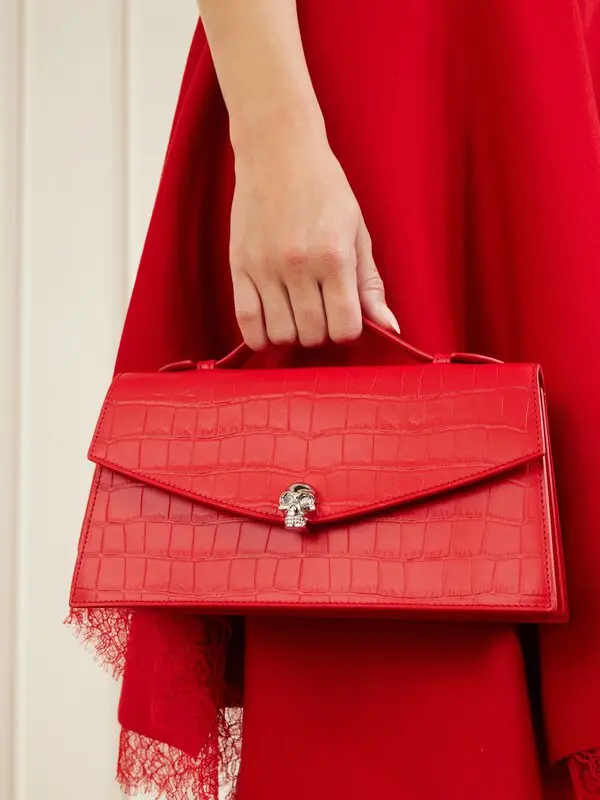 Alexander McQueen Skull Embellished Croc-effect Leather Clutch