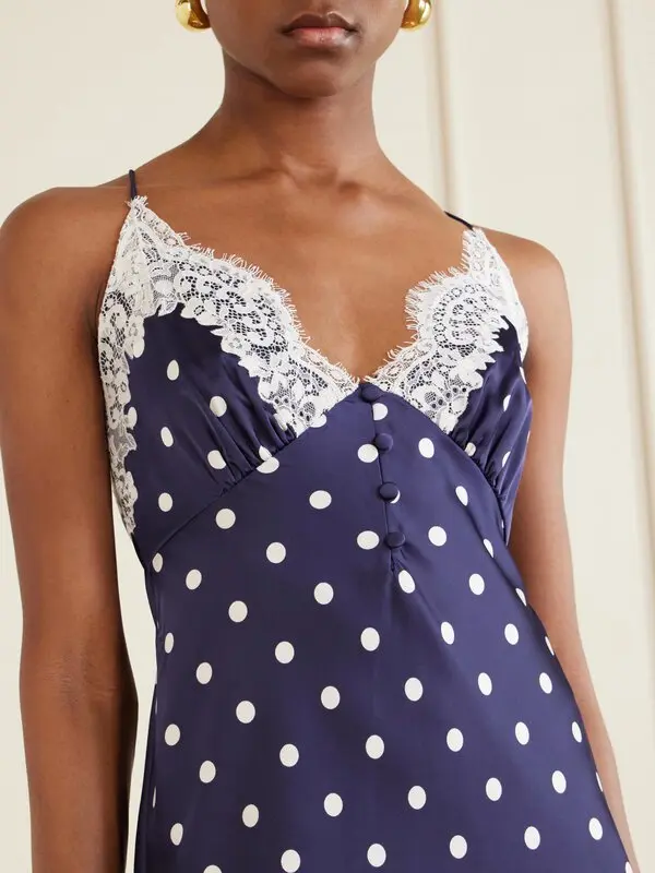 SELF-PORTRAIT Lace-trimmed Polka-dot Satin Midi Dress