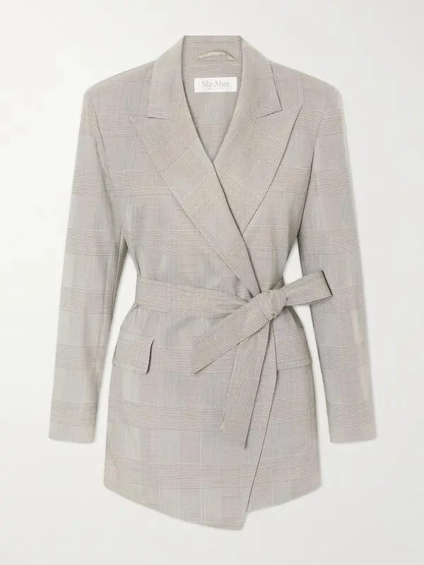 Max Mara Belted Checked Wool Blazer - Gray