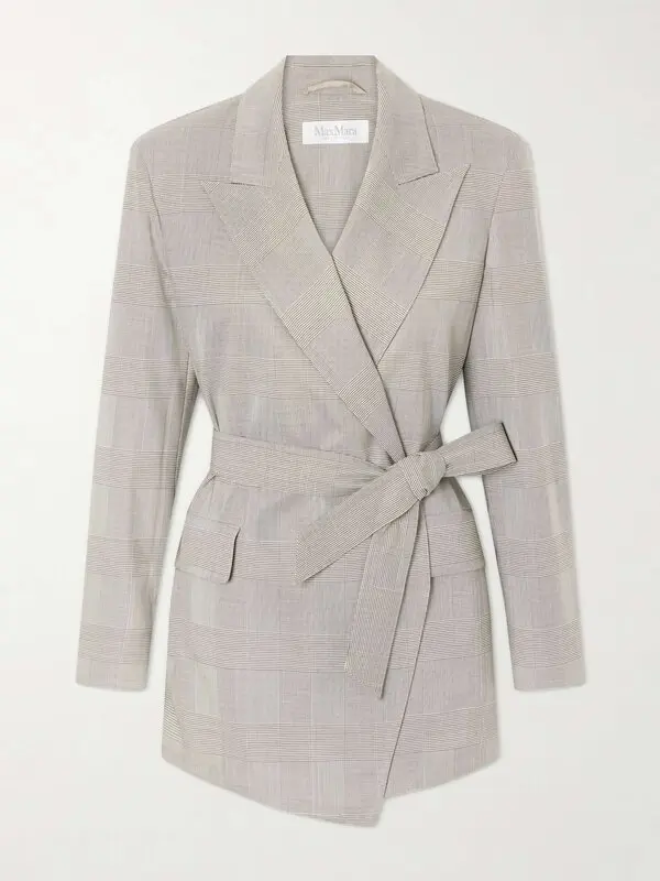 Max Mara Belted Checked Wool Blazer - Light Gray
