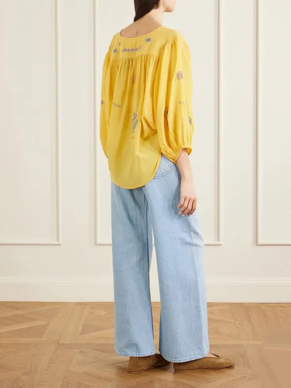 MOTHER The Breeze Embroidered Cotton-blend Voile Blouse - Yellow