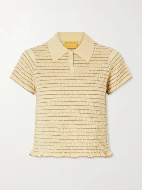 Guest In Residence Smocked Ruffled Striped Polo Sweater - Yellow