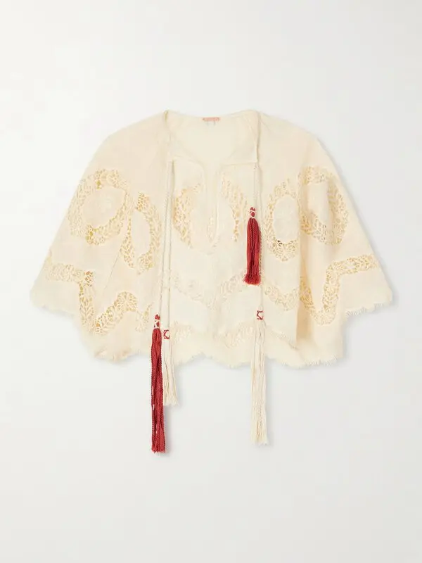 Johanna Ortiz Sun Tides Tasseled Broderie Anglaise Cotton-blend Cropped Top - Neutrals