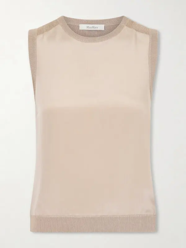 Max Mara Silk-blend Tank Top With Ribbed Trims - Gray