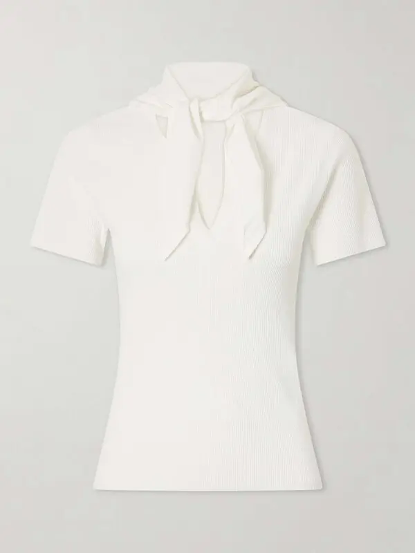 Max Mara Tie-detailed Ribbed-knit T-shirt - White