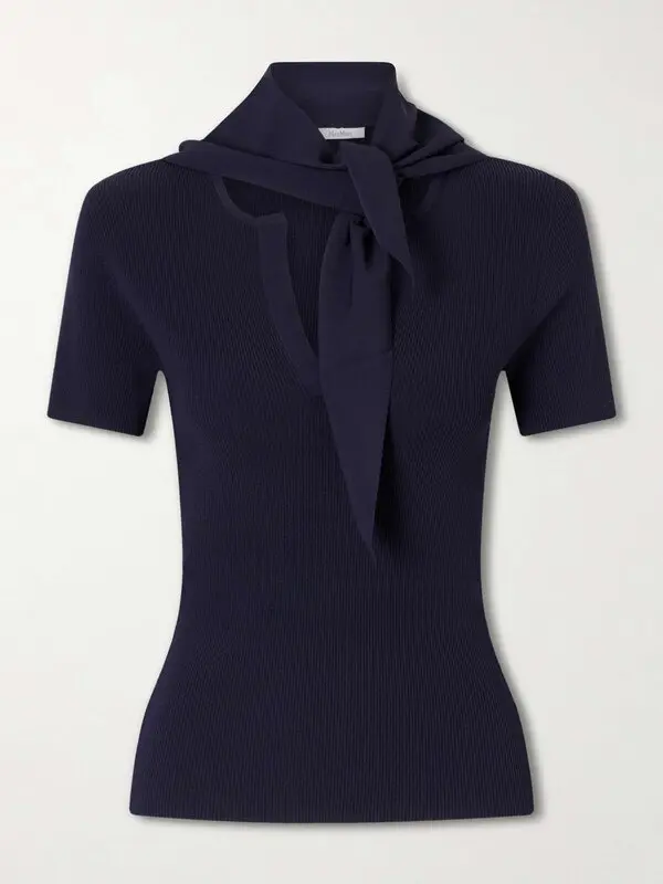 Max Mara Tie-detailed Ribbed Jersey T-shirt - Navy