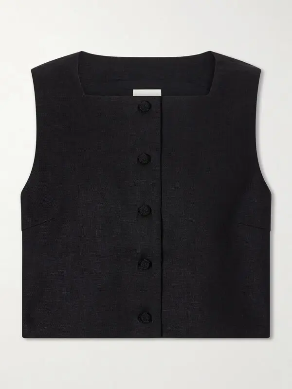 Posse Rio Linen Cropped Tank Top With Covered Buttons - Black