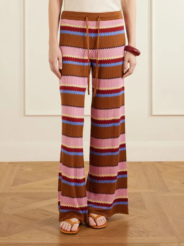 Guest In Residence Palazzo Striped Ribbed Silk And Linen-blend Wide-leg Pants - Pink