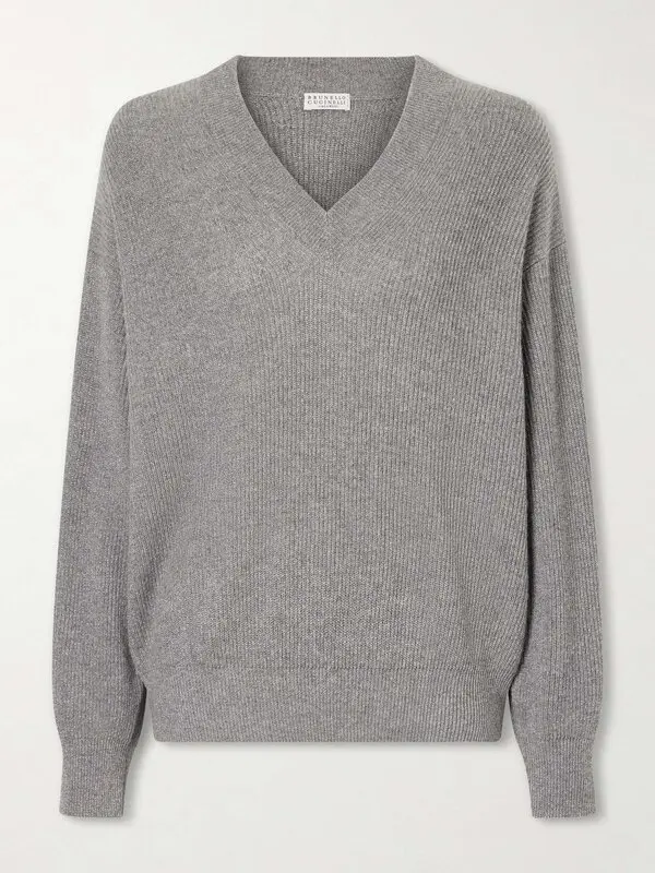Brunello Cucinelli Ribbed-knit Metallic Cashmere-blend Sweater - Light Gray