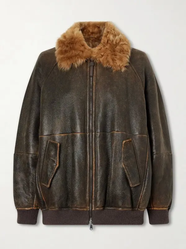 Brunello Cucinelli Shearling-trimmed Leather Bomber Jacket - Brown