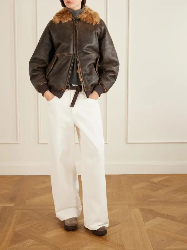 Brunello Cucinelli Shearling Trimmed Leather Bomber Jacket