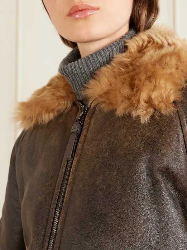 Brunello Cucinelli Shearling Trimmed Leather Bomber Jacket
