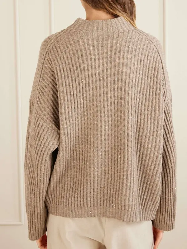 Brunello Cucinelli Sequined Ribbed Mockneck Sweater - Beige