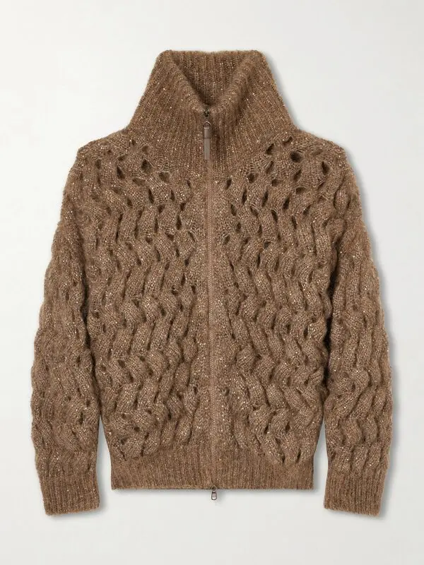 Brunello Cucinelli Sequin-embellished Mohair-blend Zip-up Cardigan - Brown