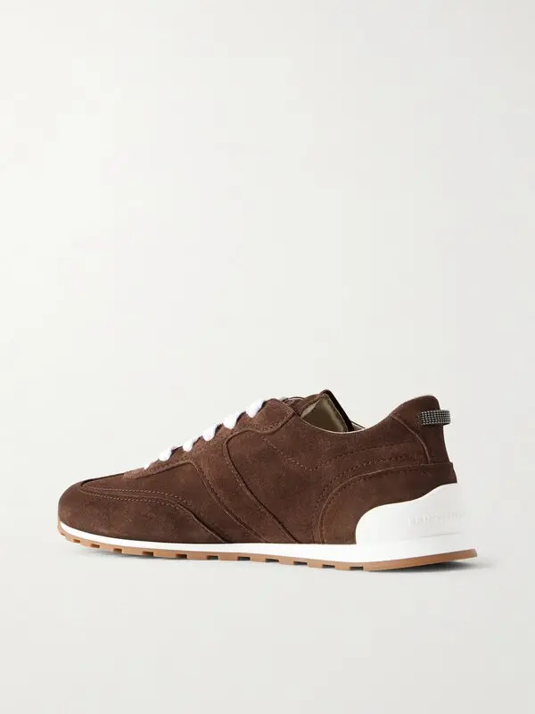 Brunello Cucinelli Suede Lace-up Sneakers With Monili Bead Detailing - Brown