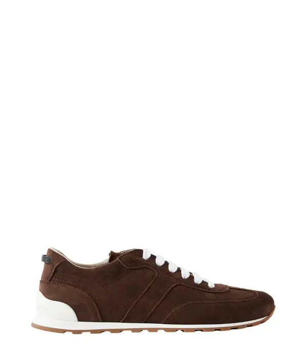 Brunello Cucinelli Suede Lace-up Sneakers With Monili Bead Detailing - Brown